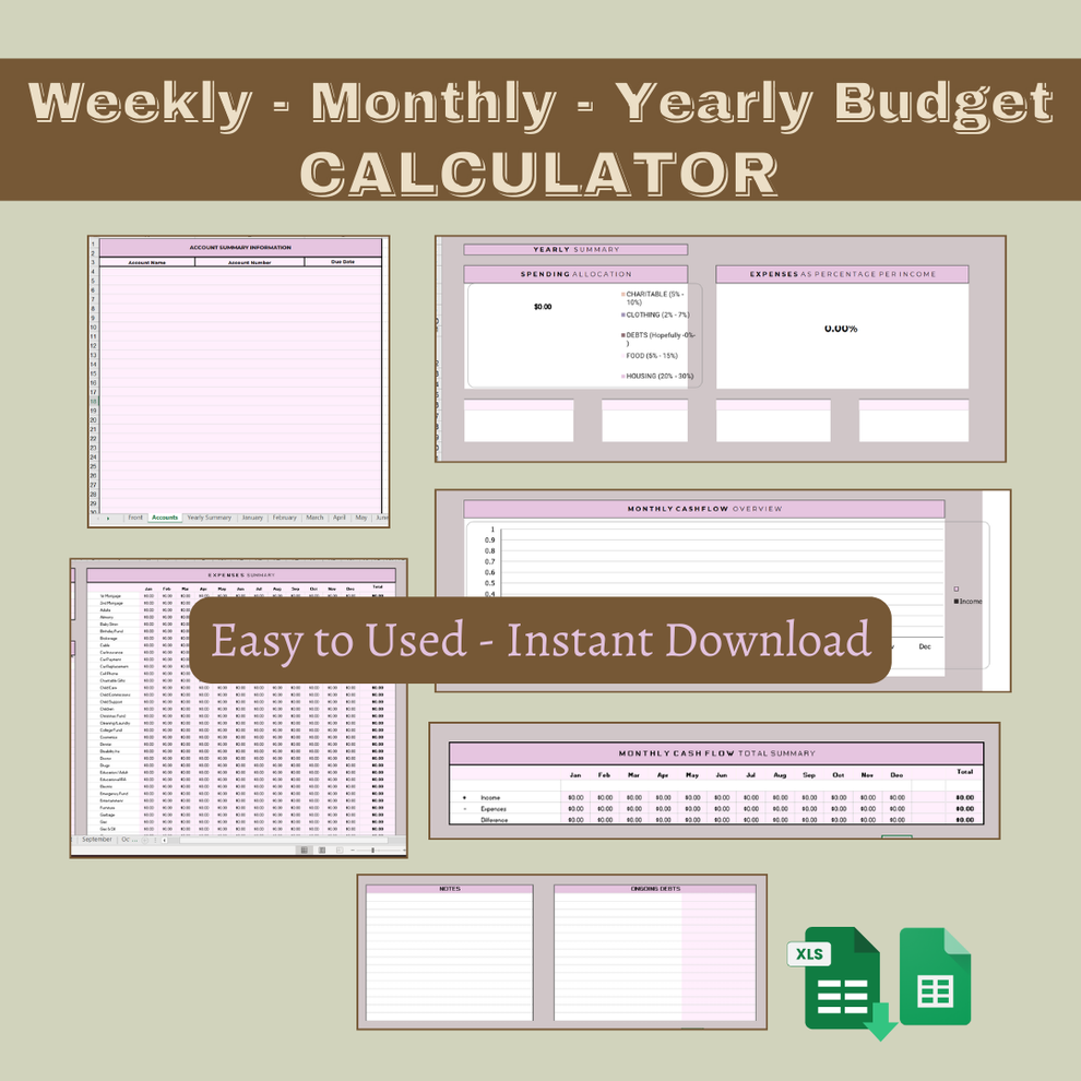 Weekly Monthly Annual Budget Calculator V2 Spreadsheet Excel Google Sh ...