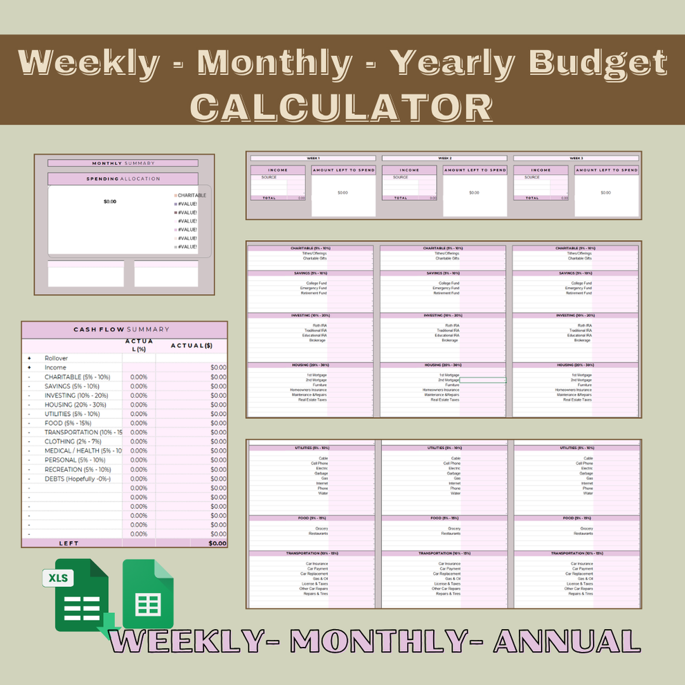 Weekly Monthly Annual Budget Calculator V2 Spreadsheet Excel Google Sh ...